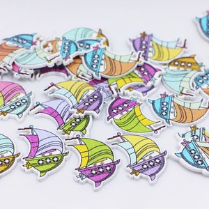Sailboat Wooden Buttons, Sailing Boat, Mixed Colors, Green Yellow Blue ...