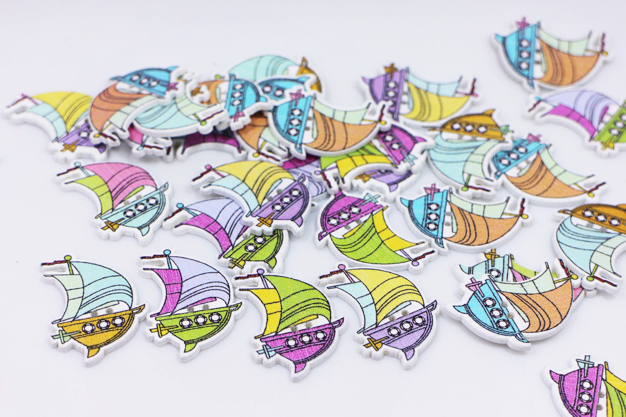 Sailboat Wooden Buttons, Sailing Boat, Mixed Colors, Green Yellow Blue ...