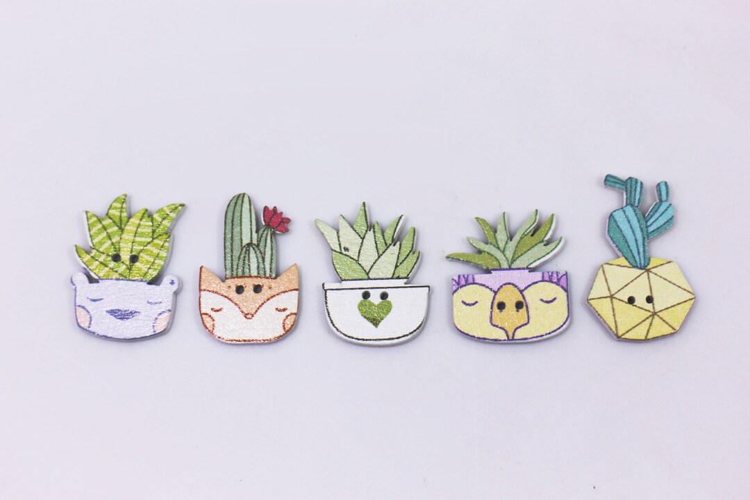 Cactus Wooden Buttons, Green White, Assorted Styles, 2 Holes, Cute ...