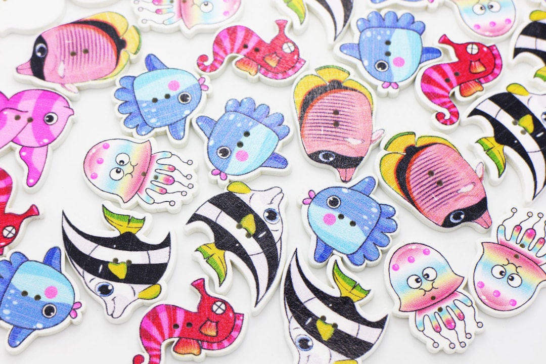 Sea Animal Wood Button, Assorted Style, Fish, Seahorse, Jellyfish, Two ...