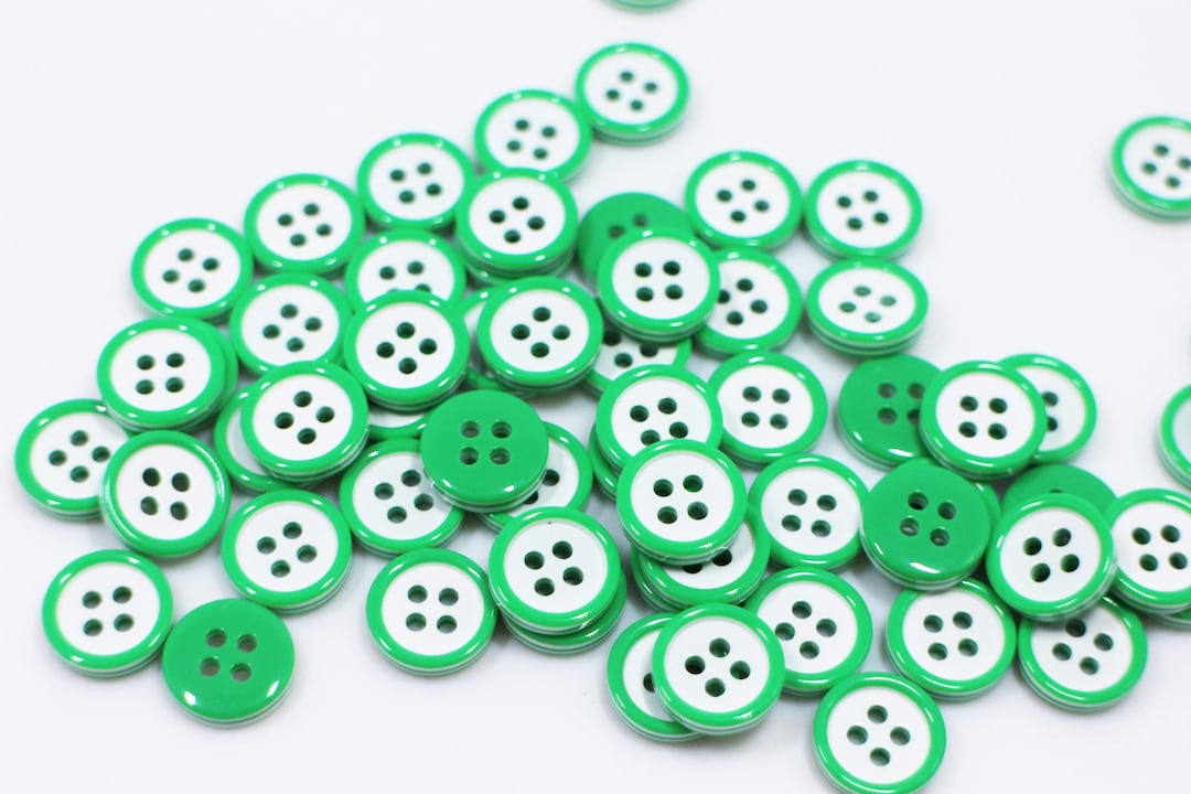 White and Green Buttons, Layered, Four Holes, Raised Edge, Solid Color ...