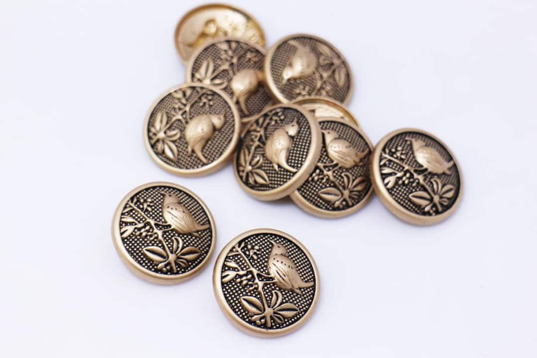 Gold Bird Metal Shank Button, Birds and Floral Pattern, Golden Color ...