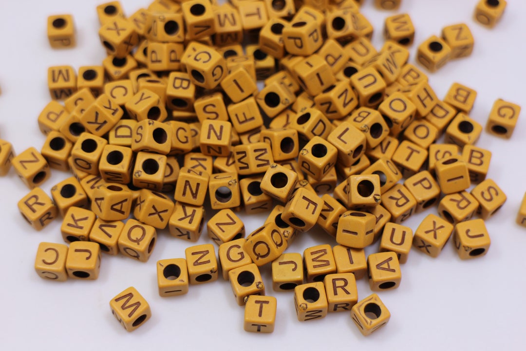 100 Brown Alphabet Bead, Made of Acrylic, Random Letters, Cube Square ...