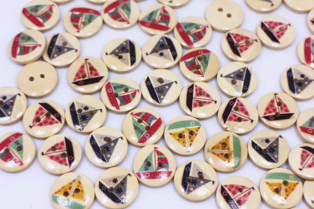 Sailing Boat Wooden Buttons, Boats Print, Natural Wood Material ...