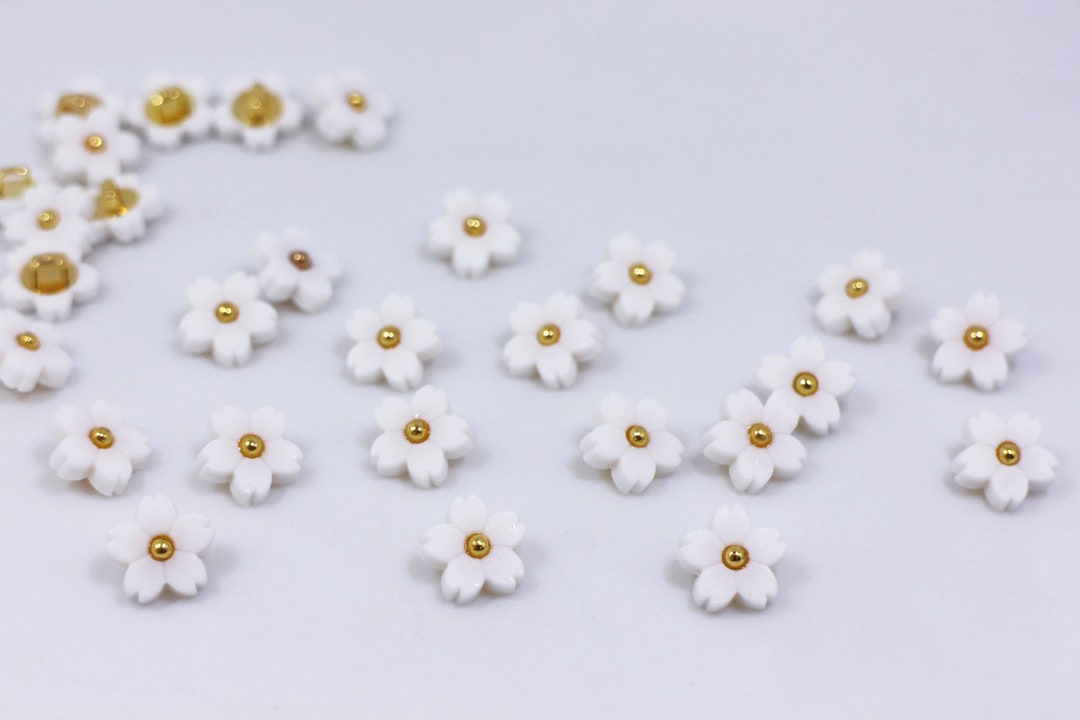 White Flower Buttons, Japanese Sakura Flower, Floral Shaped, White Gold ...