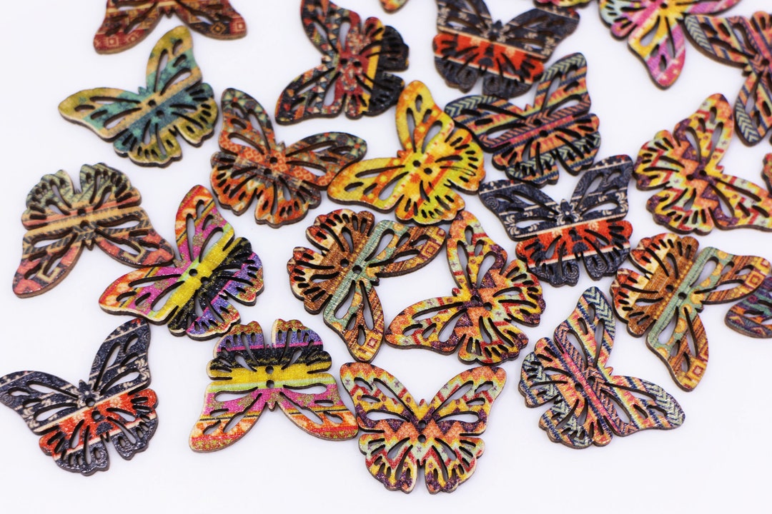 Butterfly Wooden Button, Assorted BOHO Pattern, Butterflies Shaped, 2 ...