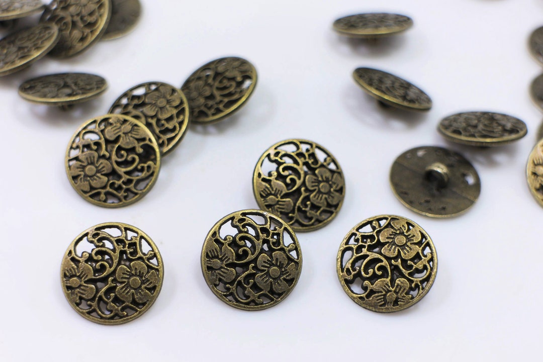 Plum Flower Metal Shank Buttons, Antique Bronze Color, Floral Filigree ...