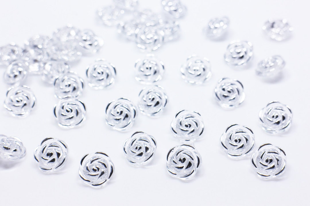 Rose Shank Button, Silver Edge, Roses Flower Shape, Clear Transparent ...