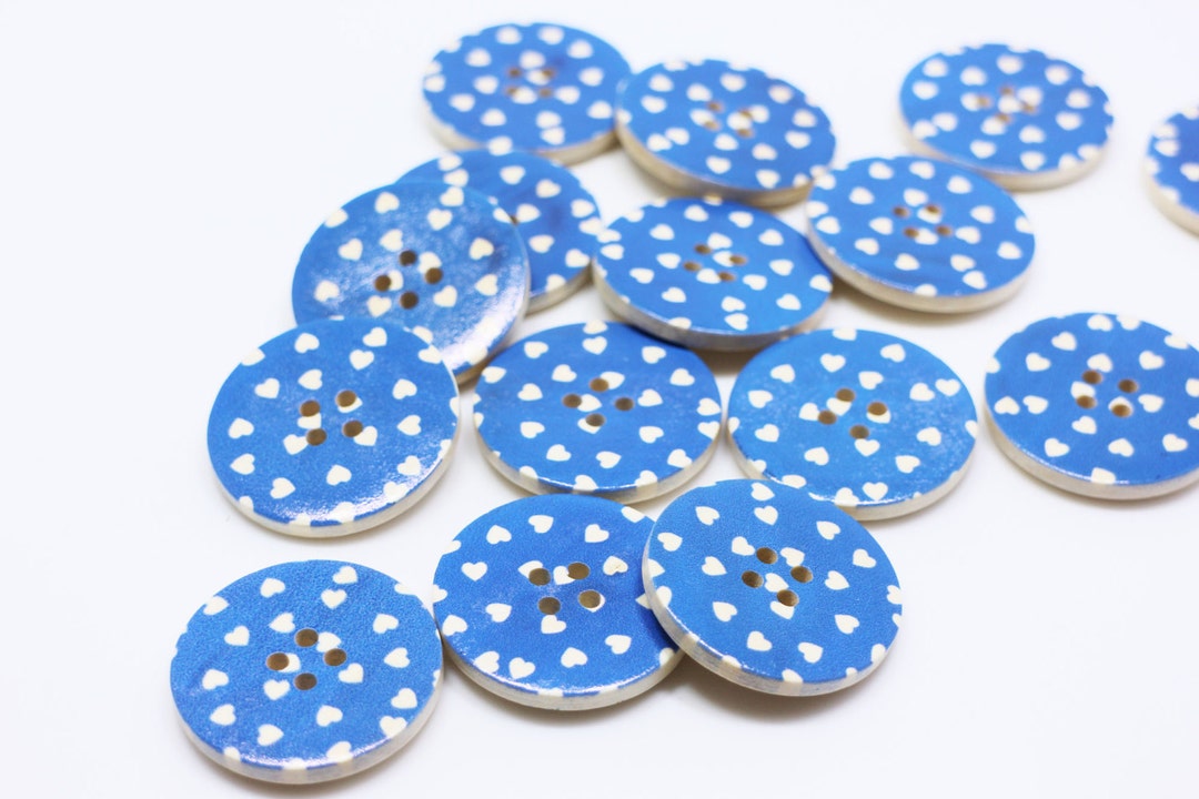Large Blue Heart Wood Buttons, Heart Pattern, Four Holes, Blue and ...