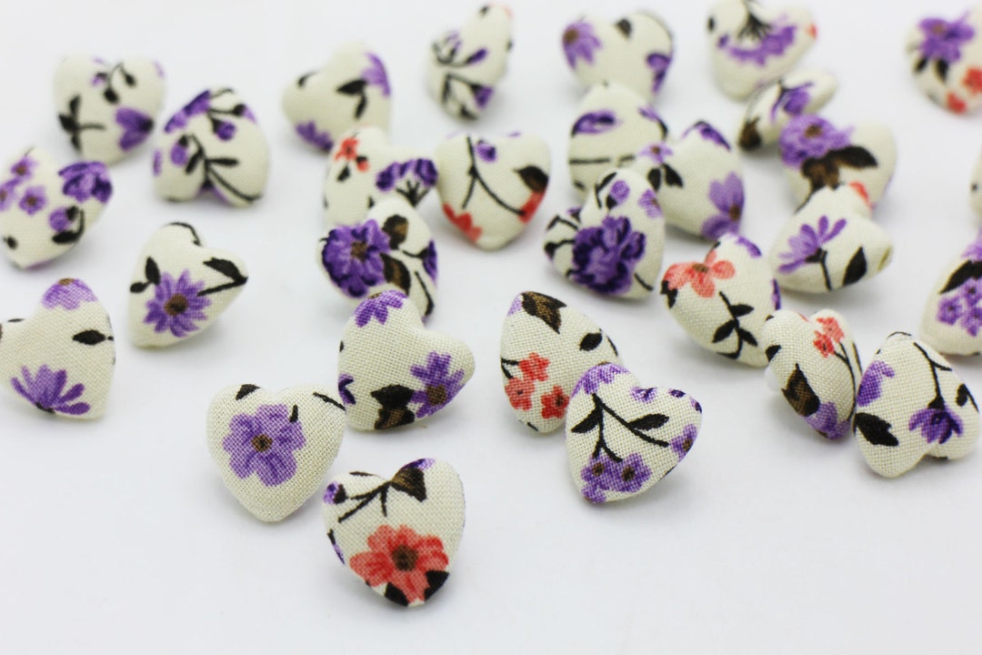 Heart Shape Fabric Shank Button, Purple and Orange Flower Pattern ...