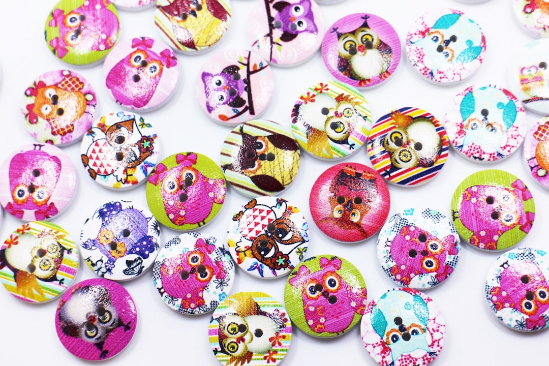 Owl Wooden Sewing Button, Assorted Owls Pattern, Animal, Two Holes ...
