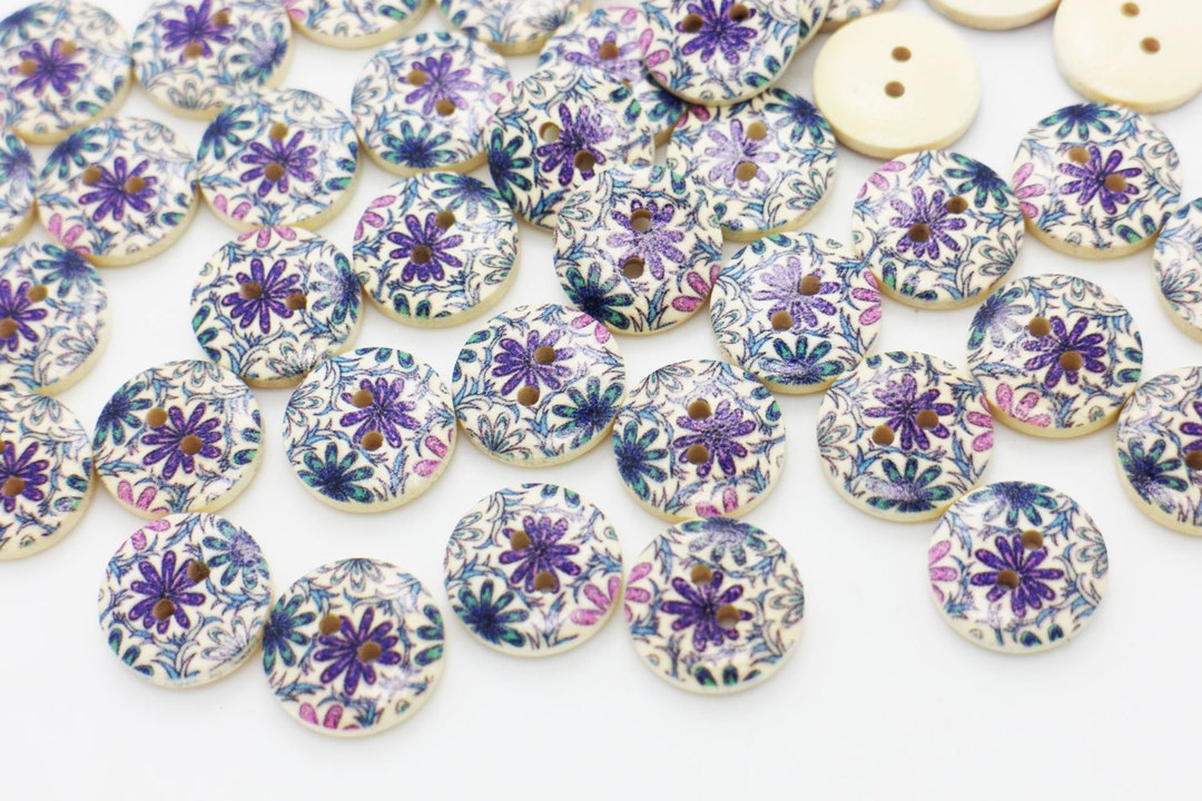 Purple Flower Wood Buttons, Blue Floral Pattern, Natural Wooden ...