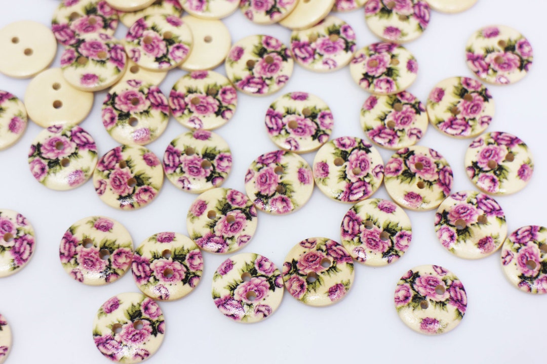 Purple Flower Wooden Button, Floral Print, Two Holes, Round Shape ...