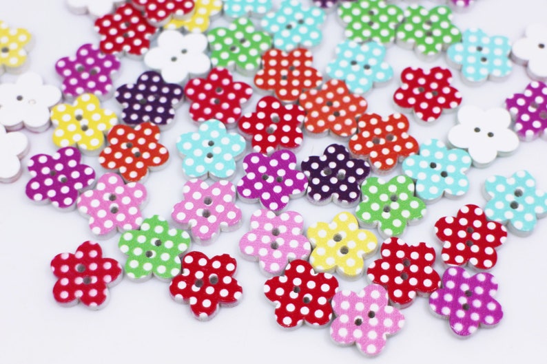 Polka Dot Floral Wooden Button Flower Shaped Buttons - Etsy