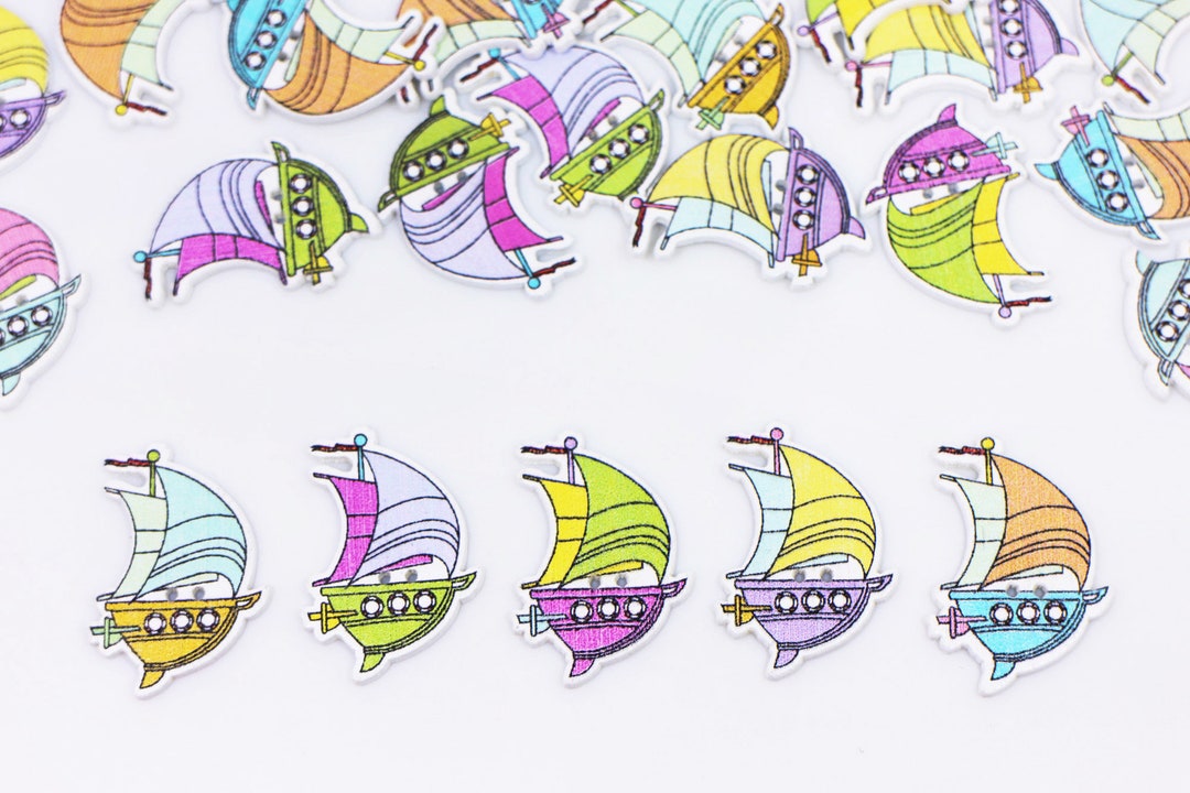 Sailboat Wooden Buttons, Sailing Boat, Mixed Colors, Green Yellow Blue ...