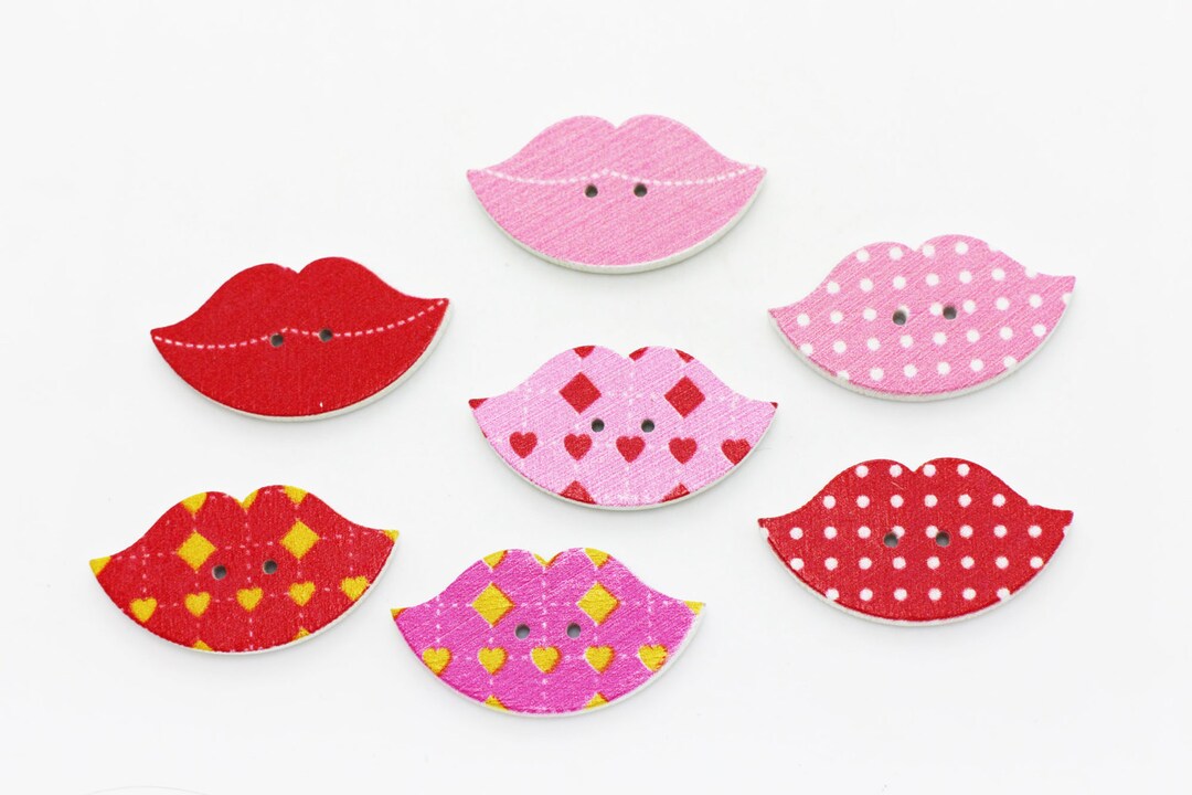 Kisses Wood Button, Red Lips, Pink and Red Color, DIY Craft Bead, Two ...