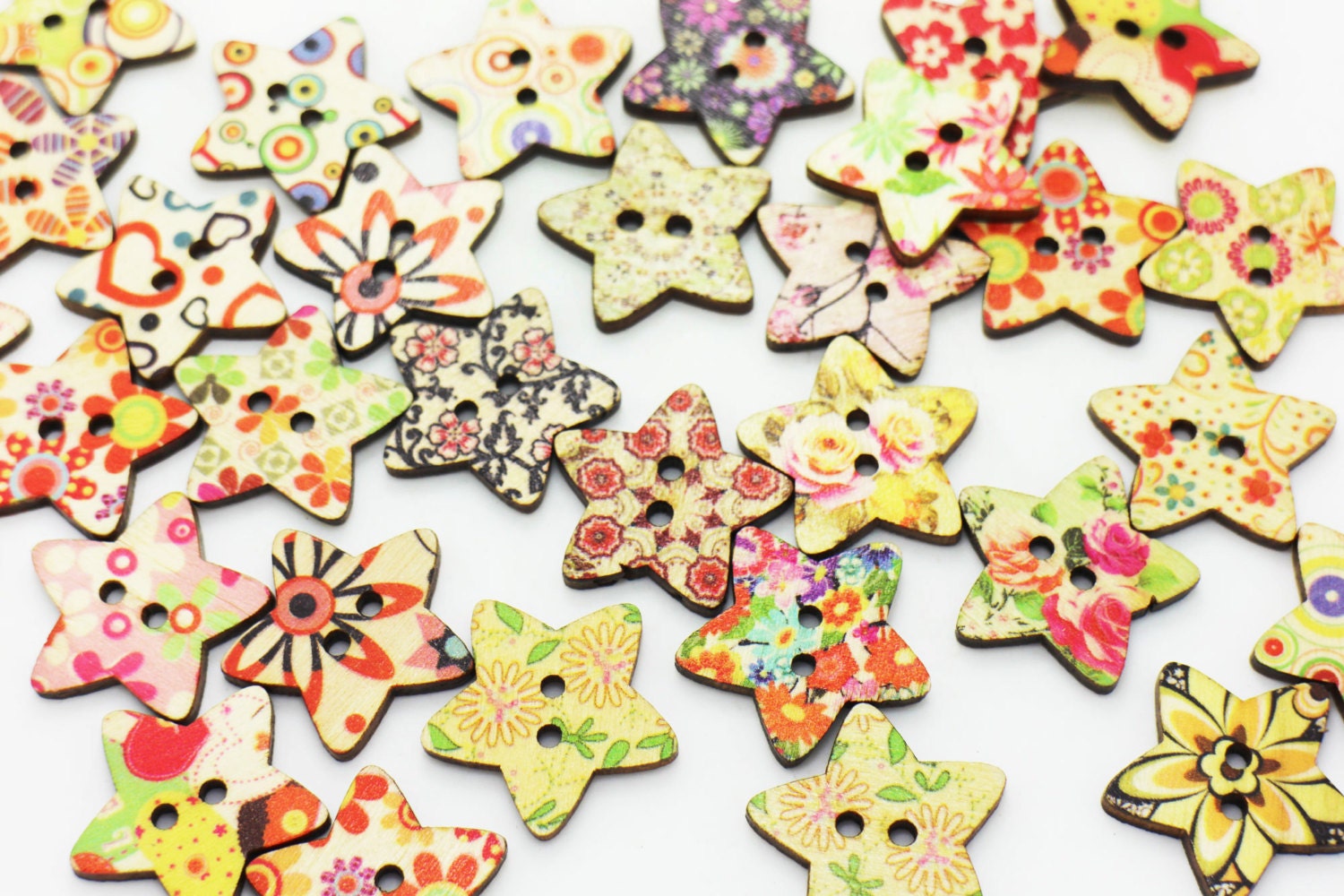 Star Wooden Button Flower Pattern Button Star-shaped Button | Etsy