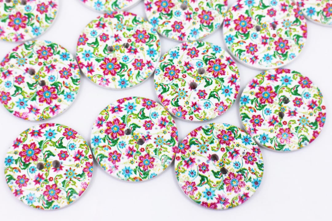 Large Flower Pattern Wooden Buttons, Floral Print, Pink Blue Green ...