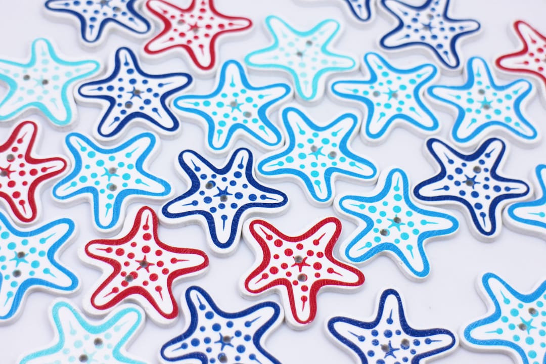 Starfish Wooden Button, Star Buttons, Red and Blue Button, Children ...