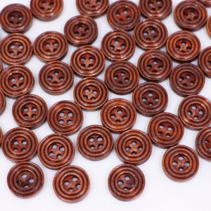 Red Brown Wooden Button, Four Holes, Natural Wood Finish, Raised Edge, 12mm, 0.47inch, Small ...