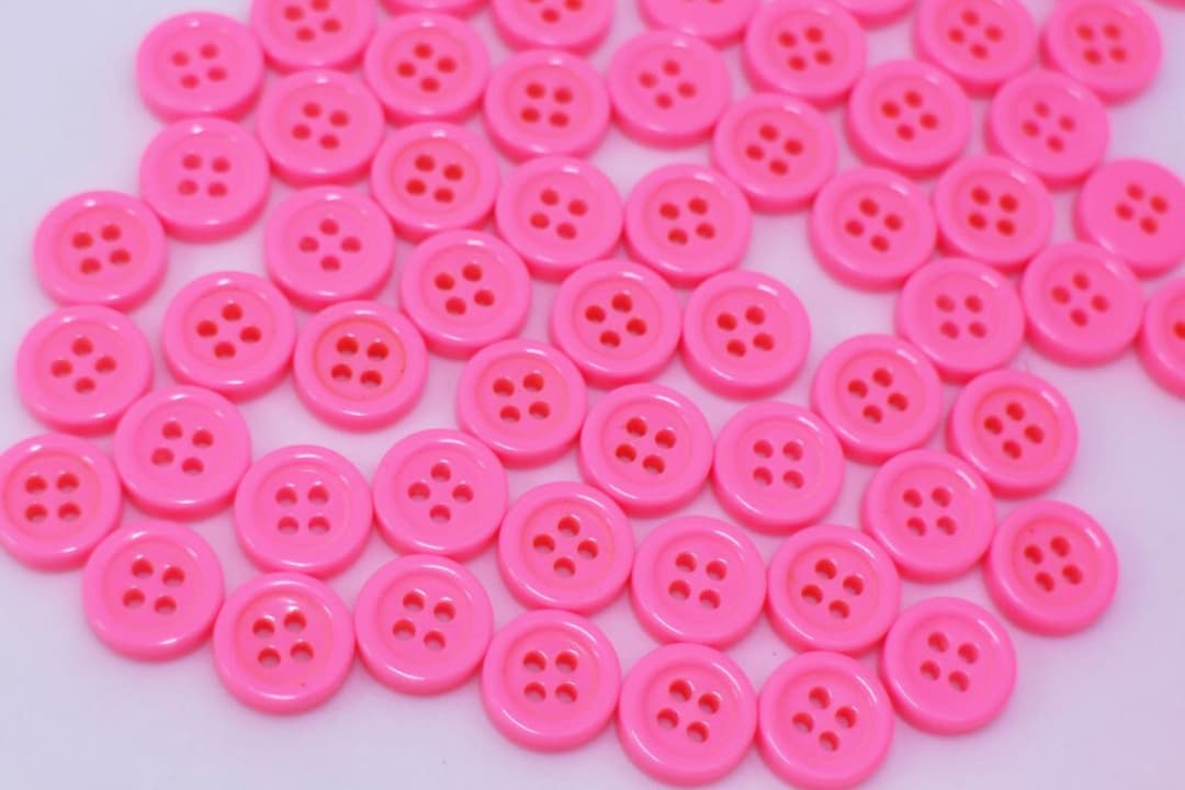 Neon Pink Buttons, Bright Pink Color, Thick Shape, Made of Resin, Four ...