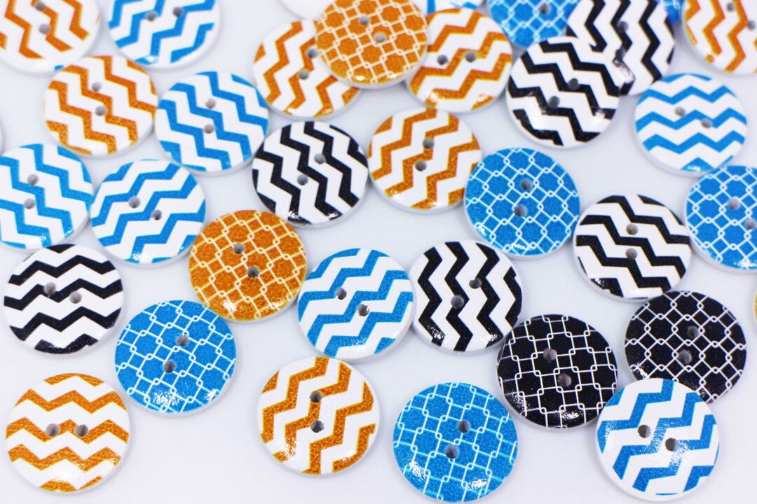Geometric Wooden Button, Wave Pattern, 2 Holes, Orange Black White Blue ...