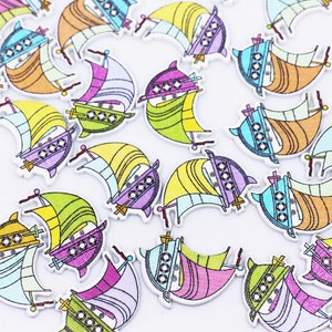 Sailboat Wooden Buttons, Sailing Boat, Mixed Colors, Green Yellow Blue ...