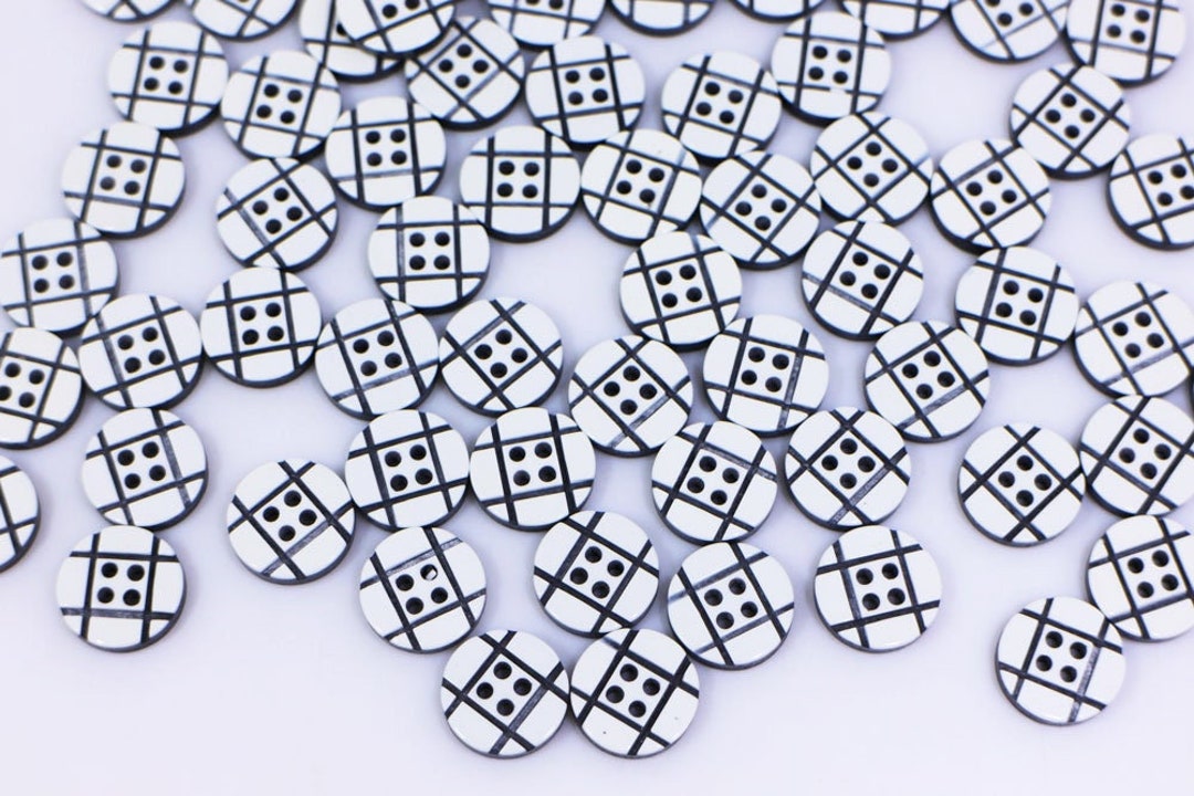 White Plaid Patterned Buttons, Check Pattern, Black and White Color ...