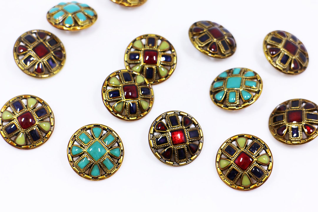 Vintage Style Metal Shank Button, BOHO Style, Dark Red Teal Green ...
