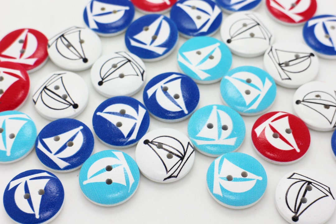 Sailboat Wood Button, Coastal Boat, Navy Blue White Red,two Holes, 20mm ...