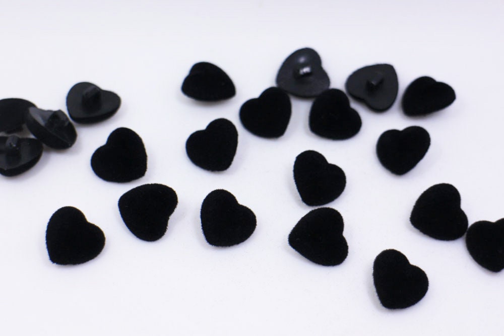 Black Velvet Heart Shank Buttons, Made of Plastic, Heart Shape, Vintage ...