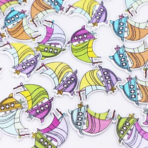 Sailboat Wooden Buttons, Sailing Boat, Mixed Colors, Green Yellow Blue ...