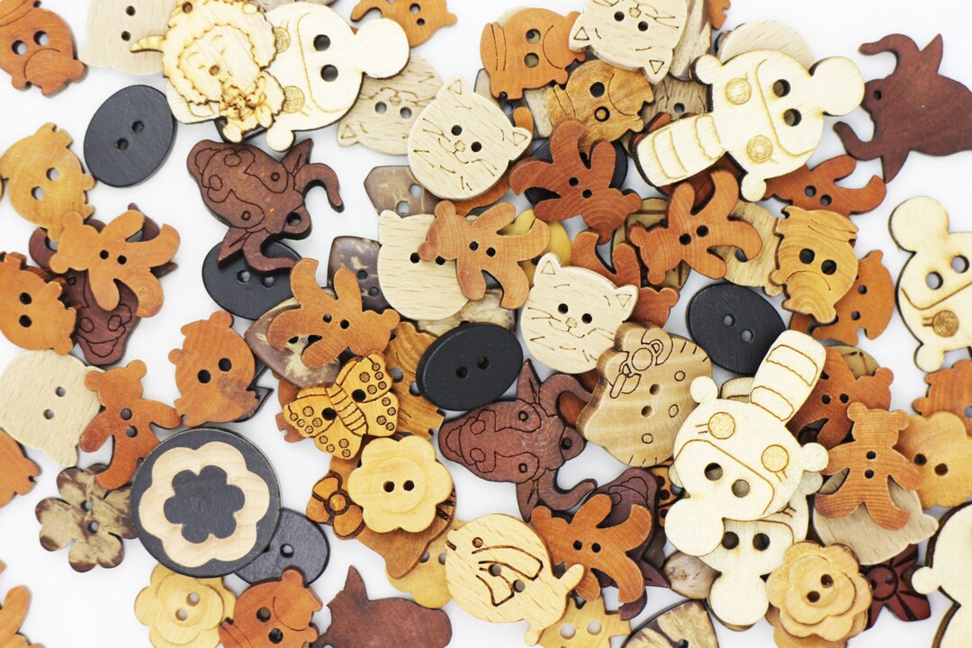 100 Coconut Wooden Mix Buttons, Fun and Cute Shaped, Assorted Animal ...