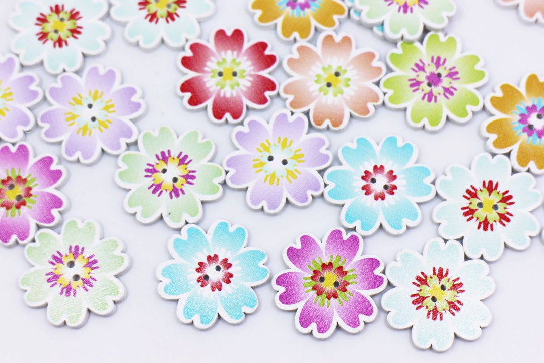 Sakura Wooden Buttons, Flower Floral Shape, Two Holes, Mixed Colors ...