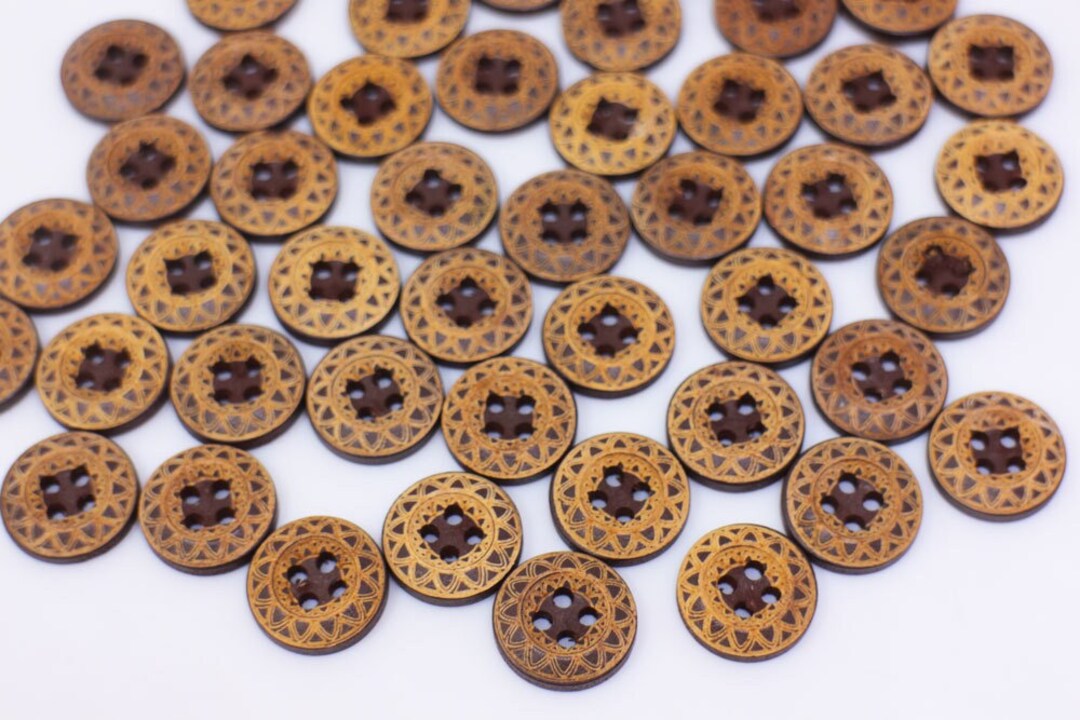 Brown BOHO Wooden Buttons, Bohemian Style, Edge Pattern Design, 4 Holes ...