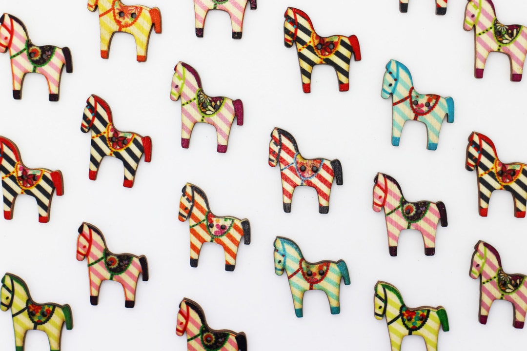 Horse Wooden Button, Striped Pattern, Rainbow Color, 2 Holes, Animal ...