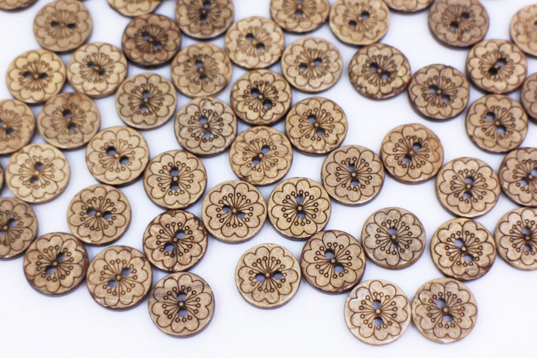 Flower Coconut Shell Button, Natural Coconut Shell, Floral Print, 2 ...