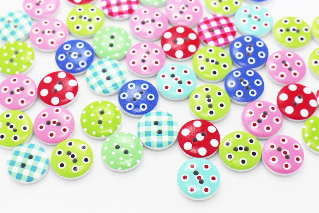 Polka Dot Wood Button, Assorted Patterns, Plaid Check Dots, Rainbow ...