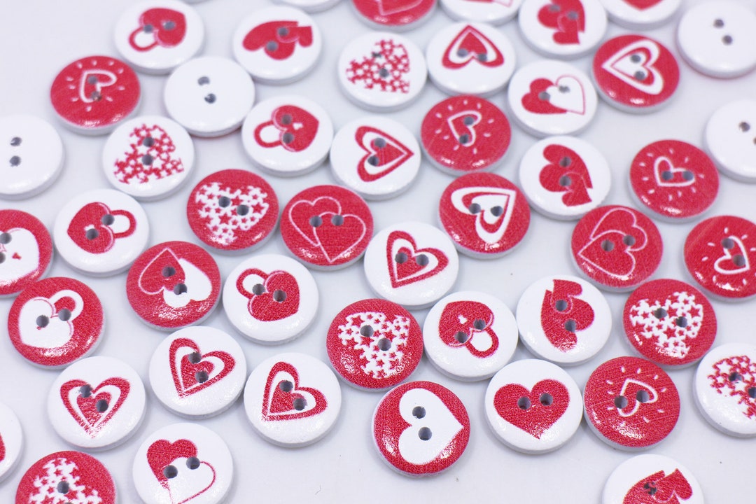 Red Heart Wooden Button, Heart Pattern, Two Holes, 15mm, 0.59inch ...