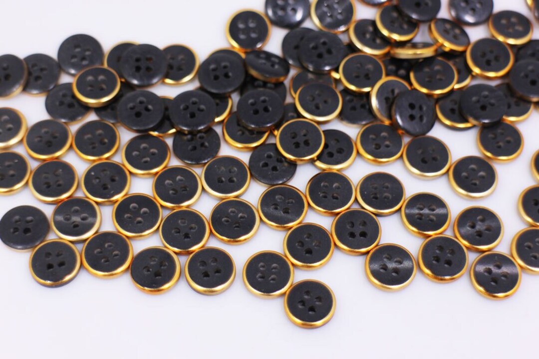 Black and Gold Buttons, Four Holes, Golden Edge, Flat Top, for Sewing ...