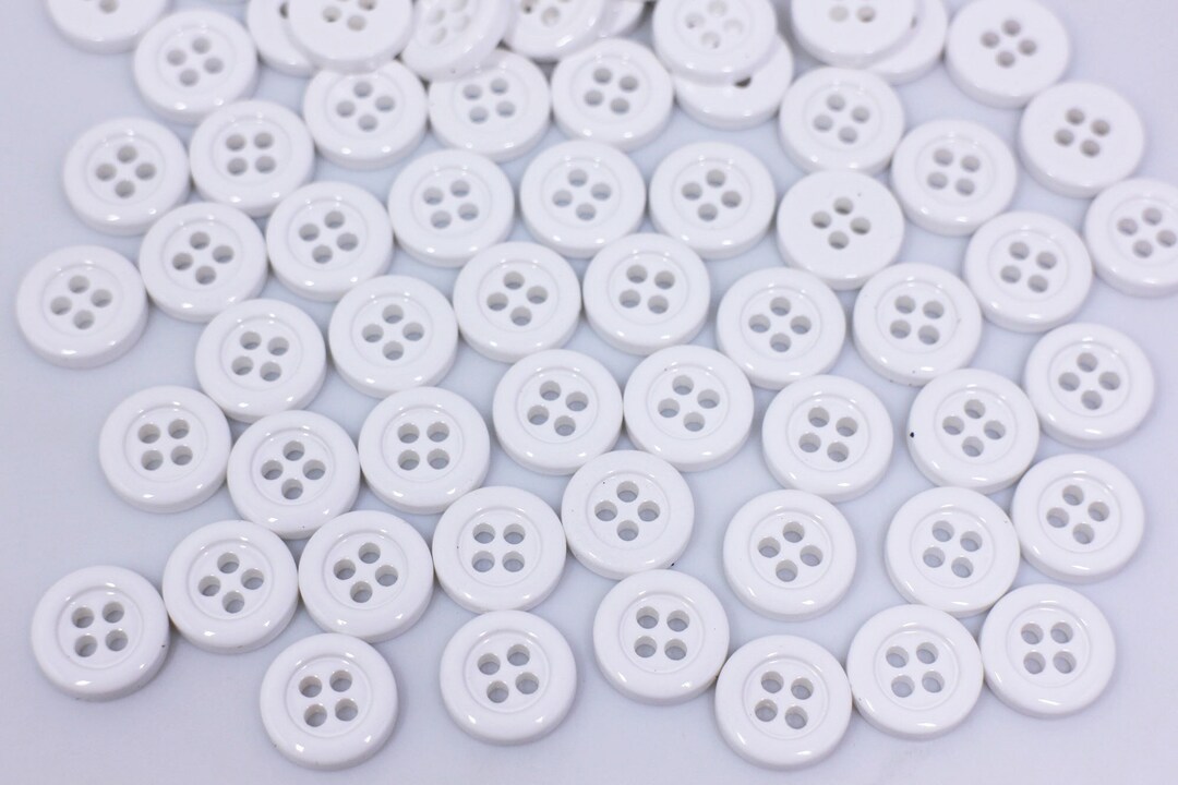 White Buttons, Thin Raised Edge, Glossy Finish, Four Holes, for Sewing ...