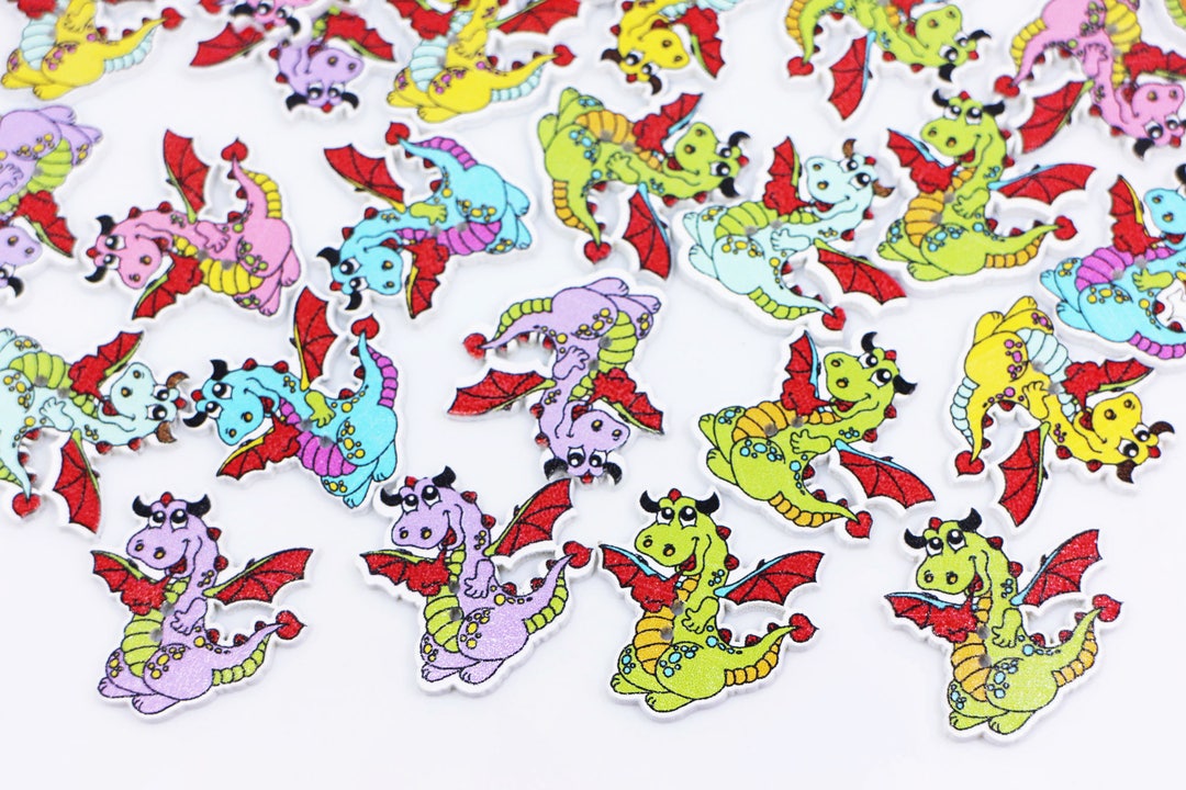 Dragon Wooden Buttons, 2 Holes, Flat Shaped, Mixed Colors, Green Purple ...