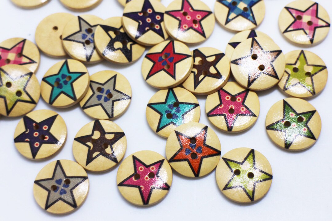 Star Wooden Button, Stars Wood Buttons, Mixed Colors Buttons, Two Holes ...