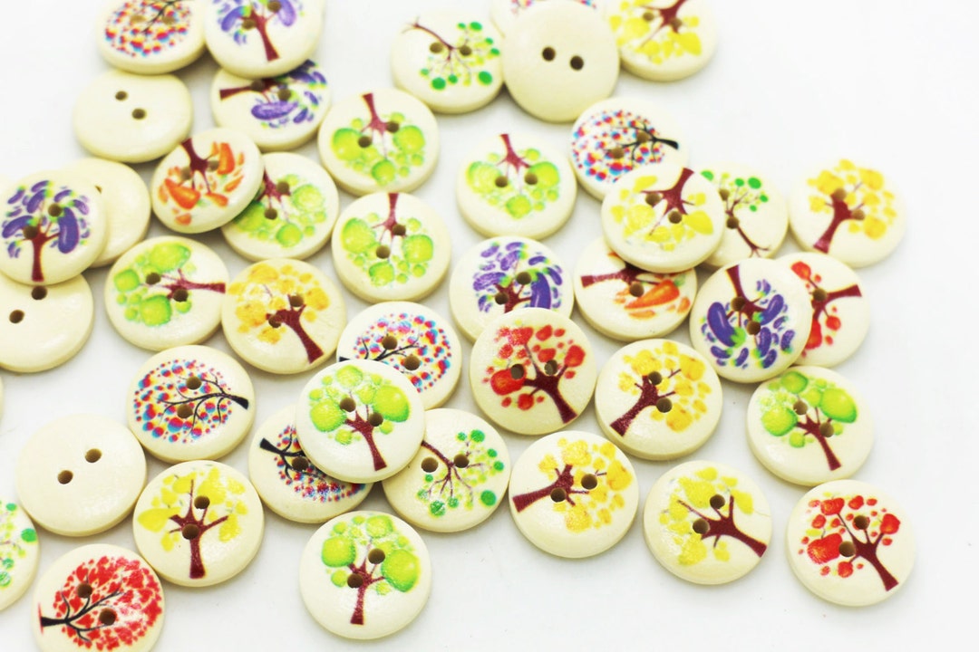 Fruit Tree Wooden Button, Tree Pattern, 2 Holes, Natural Wood Color ...
