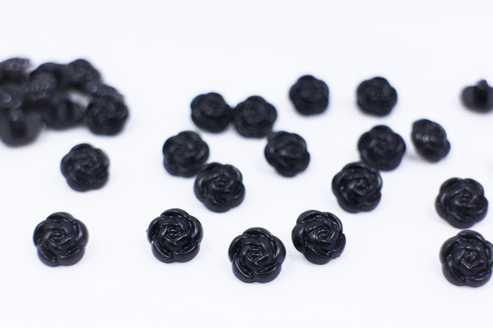 Black Rose Shank Buttons, Flower Floral Shape, Made of ABS Plastic, for ...
