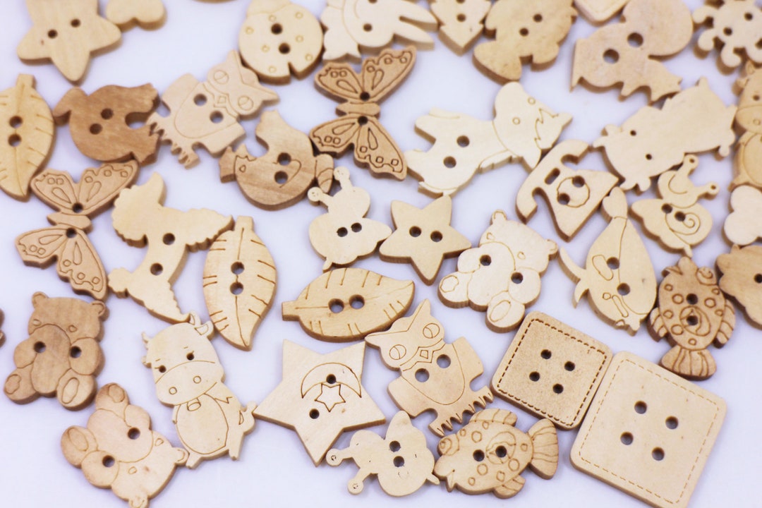 100 Cartoon Wooden Mix Buttons, Assorted Mixed Lots, Natural Wood ...