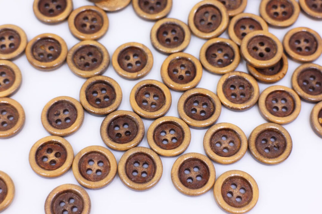 Brown Wood Buttons, 4 Holes, Raised Edge, Round Shape, Vintage Style ...