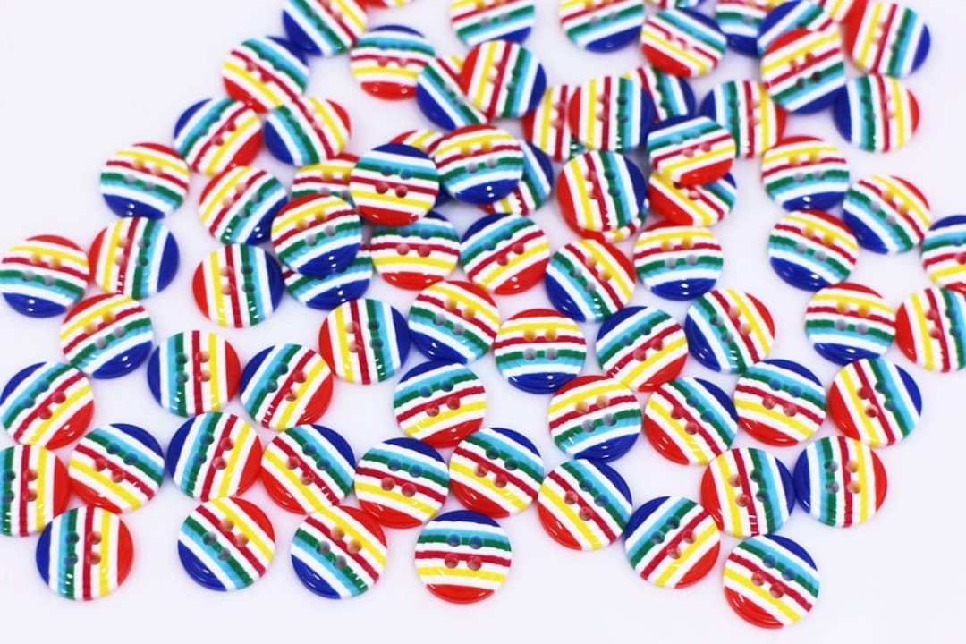 Rainbow Striped Button, Blue Yellow and Red Color, Colorful, Four Holes ...