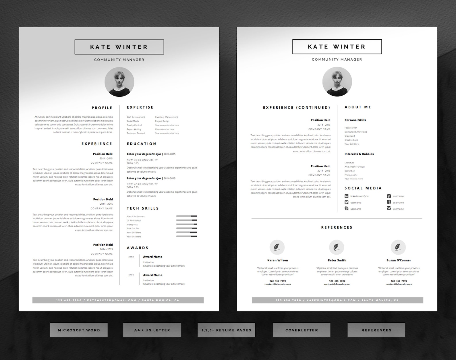 Minimalist Resume Template & Cover Letter + Icon Set for Microsoft Word ...