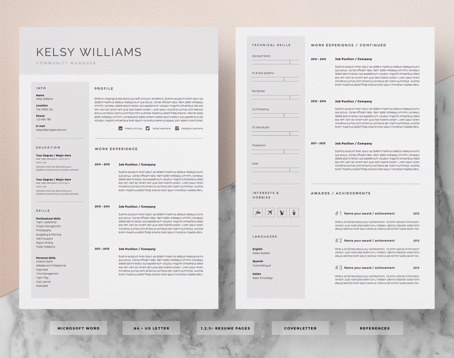 5 Page Resume Template / CV Template Pack + Cover Letter & References ...
